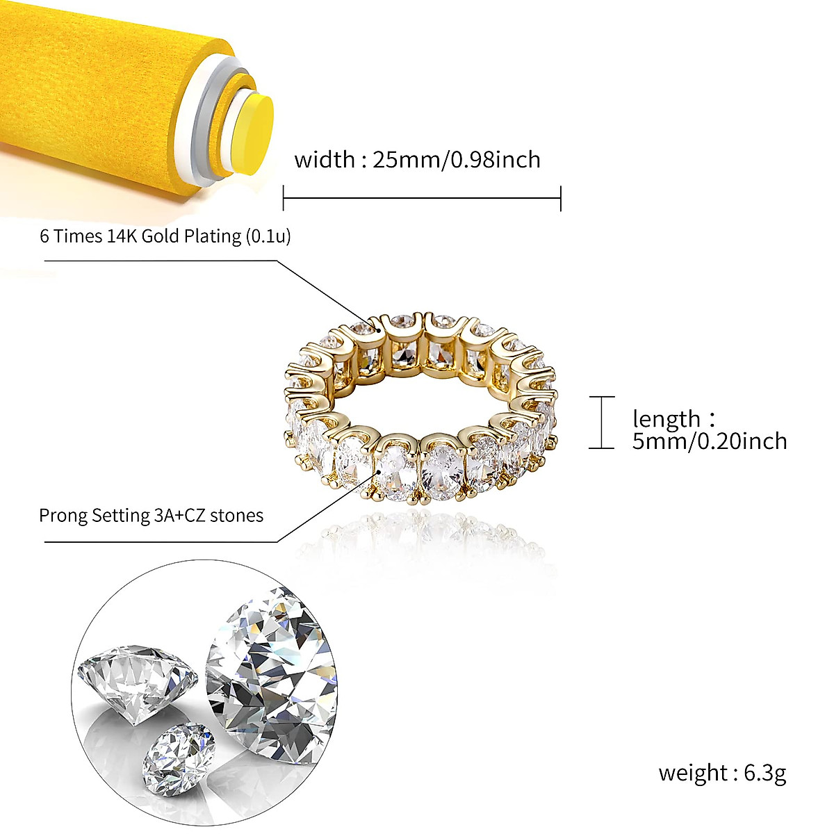 TOPGRILLZ Iced Out Baguette Oval Ring Cubic Zirconia Diamond 14K Gold Silver Band Pinky Eternity Ring for Men Women(Gold, 10)