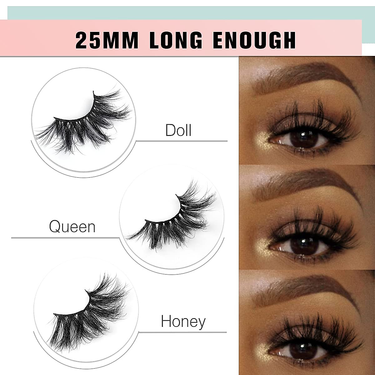 SY SHUYING 25mm Mink Lashes 3D Real Mink Eyelashes Fluffy Dramatic False Eyelashes 6D Wispy Long Thick Handmade Luxury Volume Strip Eye Lashes (3 Pairs, Doll Honey Queen)