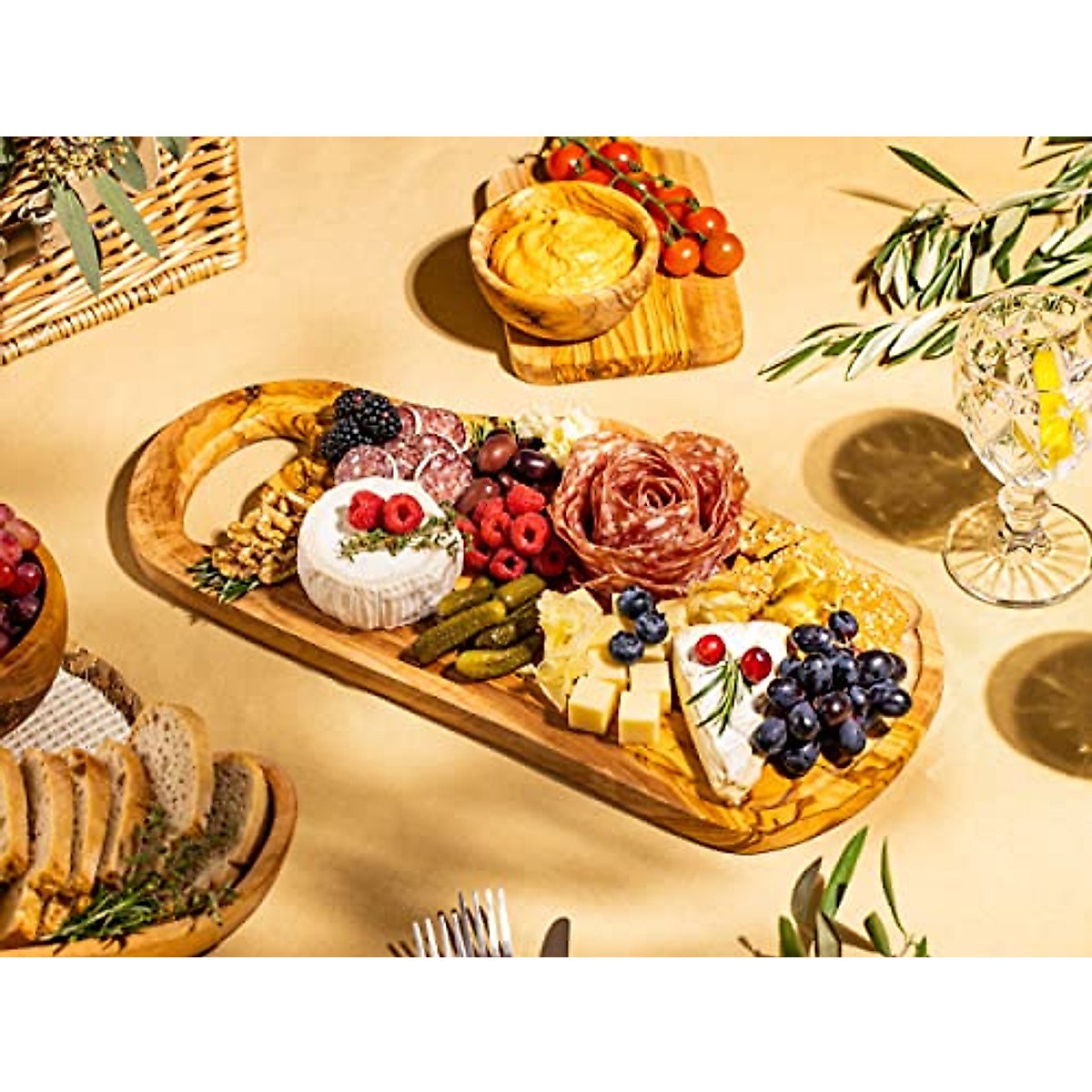 SOLTAKO Olive Wood Cutting Steak Board, Wooden Charcuterie Board, Large Cheese Board, Hand Made Serving Platter, Rustic Chopping Board with Juice Groove, Chopping Board with Handle (17,7")