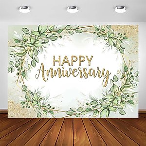 Avezano Happy Anniversary Backdrop Sage Green Leaves Happy Anniversary Banner Cheers to Marriage Wedding Anniversary Party Decorations Memorial Portrait Photo Booth Background (7x5ft)