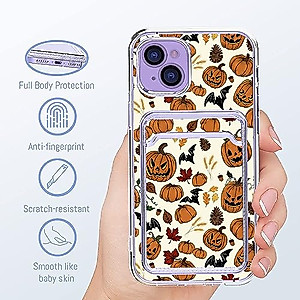 KANKENLU Boho Pumpkin Bat Leaves Halloween Pattern Clear Phone Case Compatible with iPhone 13 Mini with Card Holder,Halloween Theme Case for Women Girl,Card Slot Slim Wallet Case