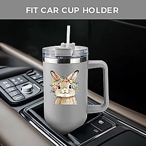 LB LEOBON 40 ounce insulated cup with handle, double-layer vacuum stainless steel material, equipped with straw, can keep warm or maintain cold drinks Easter Rabbit F grey