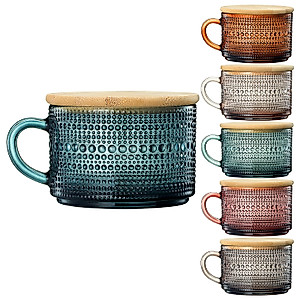 Khen Fall Colors Glass Coffee Mugs Set With Handles, Spoons & Lid | Set of 6 | 15oz Hobnail Embossed With Bamboo Lids & Gold Spoons, Glassware Mug Bubble Glasses - Cute Cups Coffee, Tea Oats Colored