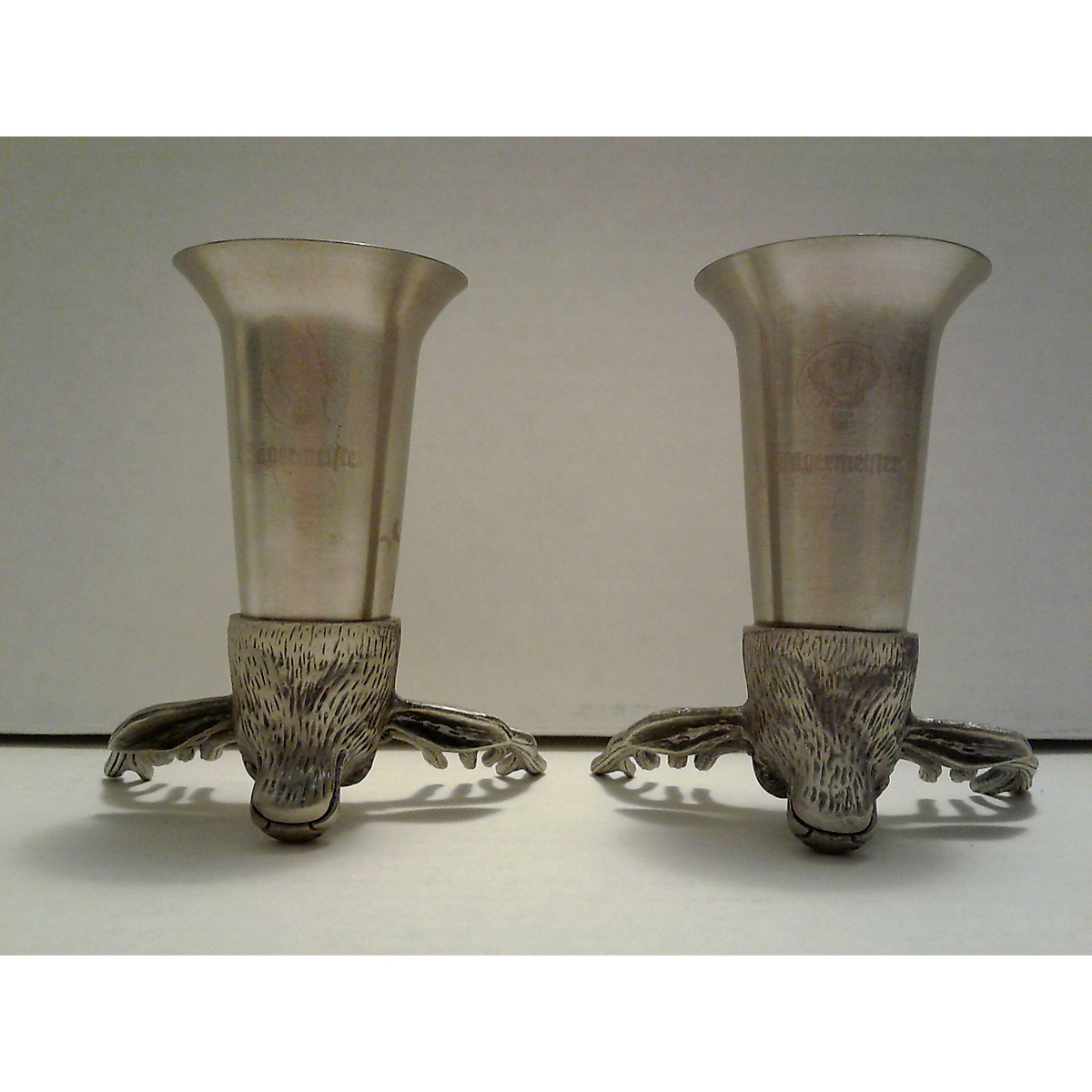 Set of 2 Jagermeister 10 Point Deer Stag Buck Head Metal Pewter & Stainless Steel Stirrup Cup Shooter Shot Glasses