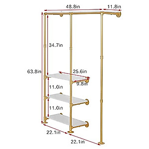WJJAYY Wall Mounted Industrial Pipe Clothing Rack Wood Garment Rack Hanging Clothes Rack Multi-purpose Heavy Duty Hanging Rod,Steampunk Clothes Rack Retail (64 x49 inch,Gold)