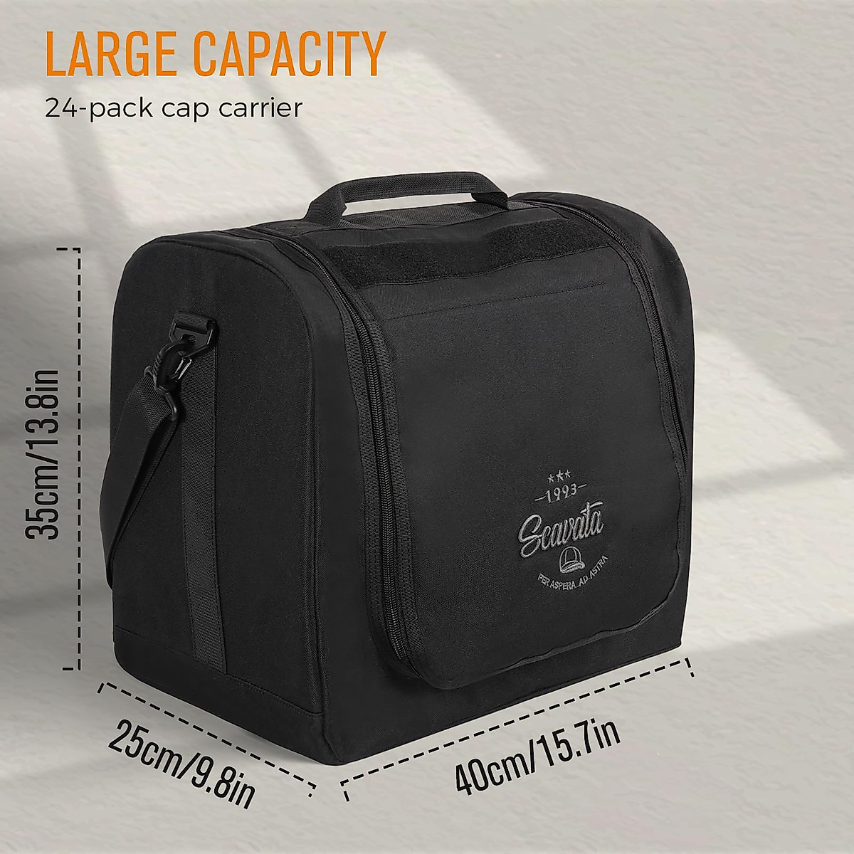 SCAVATA Large Hat Bag for Baseball Caps, Hat Organizer Bag for Traveling & Moving, Storing Snapback Cap, Portable Hat Carrier Holder Case for 20-24 Caps (Black)
