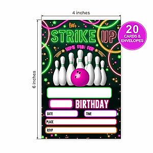 Colorful Neon Glow Bowling Birthday Invitations, Let's Strike Up Some Fun Birthday Party Invites For Kids Adults， Birthday Party And Events Supplies, 20 Fill-In Invites Cards With Matching