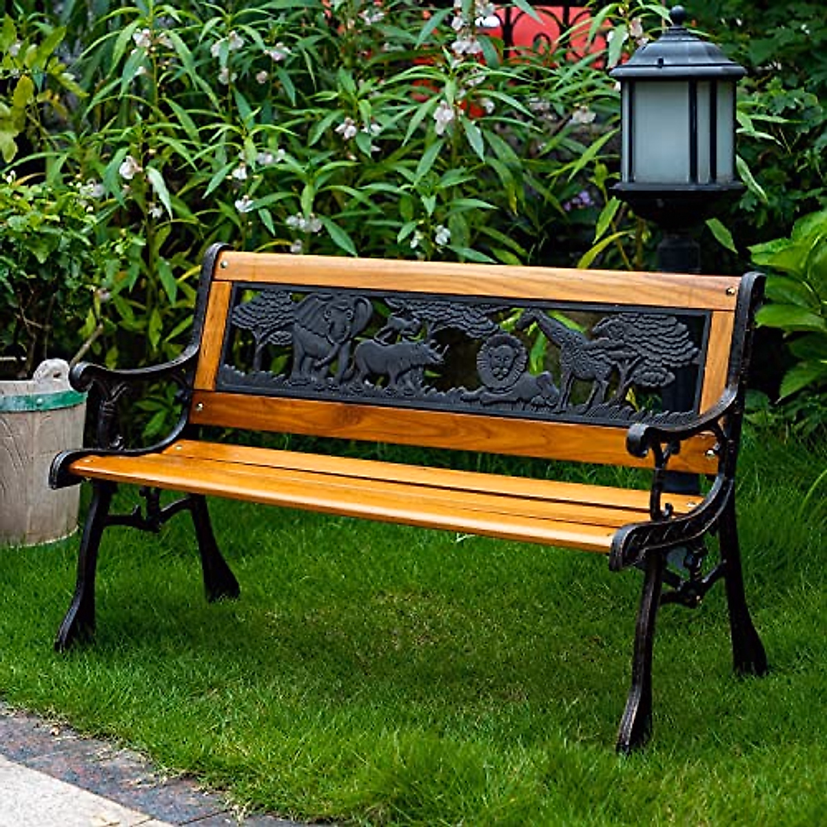 Metal Outdoor Bench Patio Bench Cast Iron Steel Frame Garden Bench Patio Furniture Chair Outdoor Wood Bench w/Animal Pattern Design Backrest, Wood Slatted Seat for Yard, Porch, Bronze