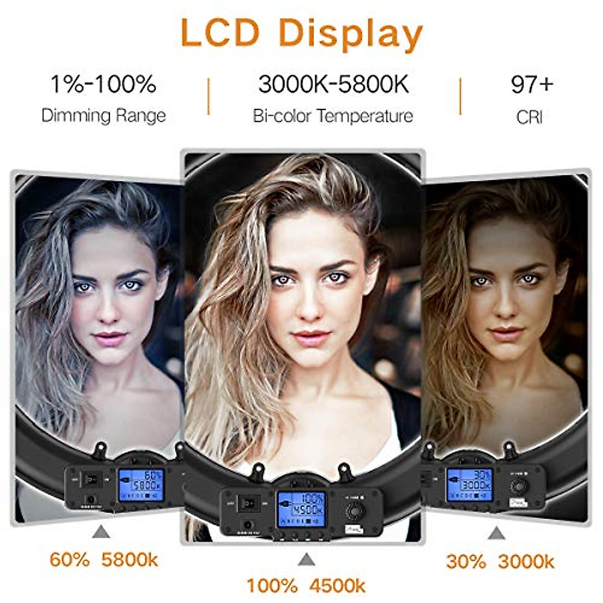 Ring Light, 19" Bi-Color LCD Display Ring Light with Stand, 55W 3000-5800K CRI≥97 Light Ring for Vlogging Selfie-Portrait Live Stream Video Photography Shooting