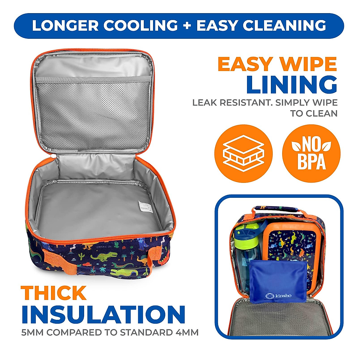 Dinosaur Lunch Box with for Boys with Ice Pack, Insulated Bag for Toddlers Kids Girls Baby Boy Daycare Pre-School Kindergarten, Container Boxes for Small Kid Snacks Lunches, BPA Free, Blue Orange Dino