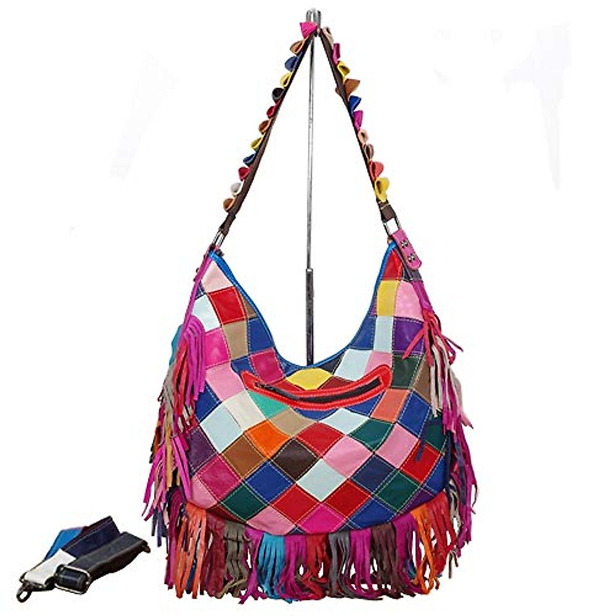 Segater® Women’s Full Sheepskin Hobo Bag Multicolour Patchwork Shoulder Bag 3D Leaf Pattern Colorful Tassel Handbag Purses Multicoloured
