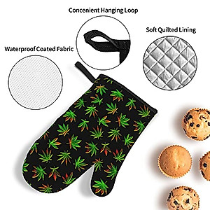 Oven Mitts and Pot Holders Sets Weed Leaf Print Oven Gloves Heat Resistant Potholders 4 Pcs Set Washable Non-Slip BBQ Gloves with Hanging Loop for Women Men Kitchen Baking Cooking Grilling