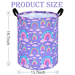 ACMUUNI 19.7 Inch Purple Rainbow Round Kids Round Laundry Clothes Hamper Dino Laundry Basket with Handles,Baby Toys Storage Organizer Bins Laundry Gift Basket for Boys and Girls Room, Bedroom Decor