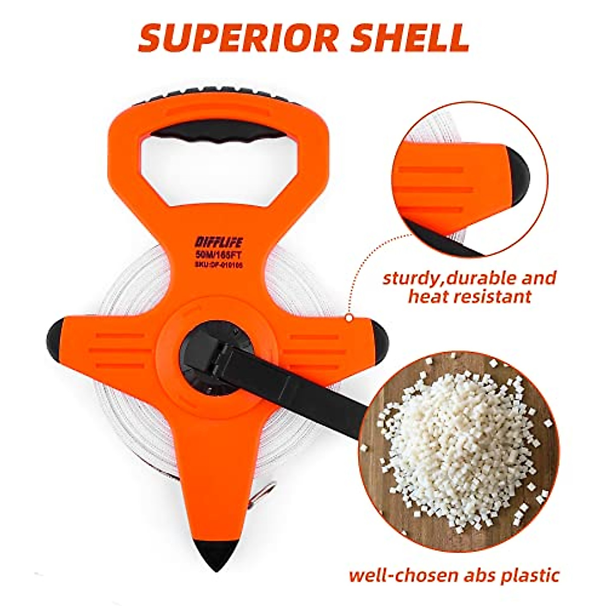 DIFFLIFE Open Reel Measure Tape Measuring Reel,165-Feet-50M by 1/2 Inch, 3X Speed Double-Coated Fiberglass Tape Measure with Metal Spike, Athletic Field, Long Jump Measuring Tape Reels (165FT)