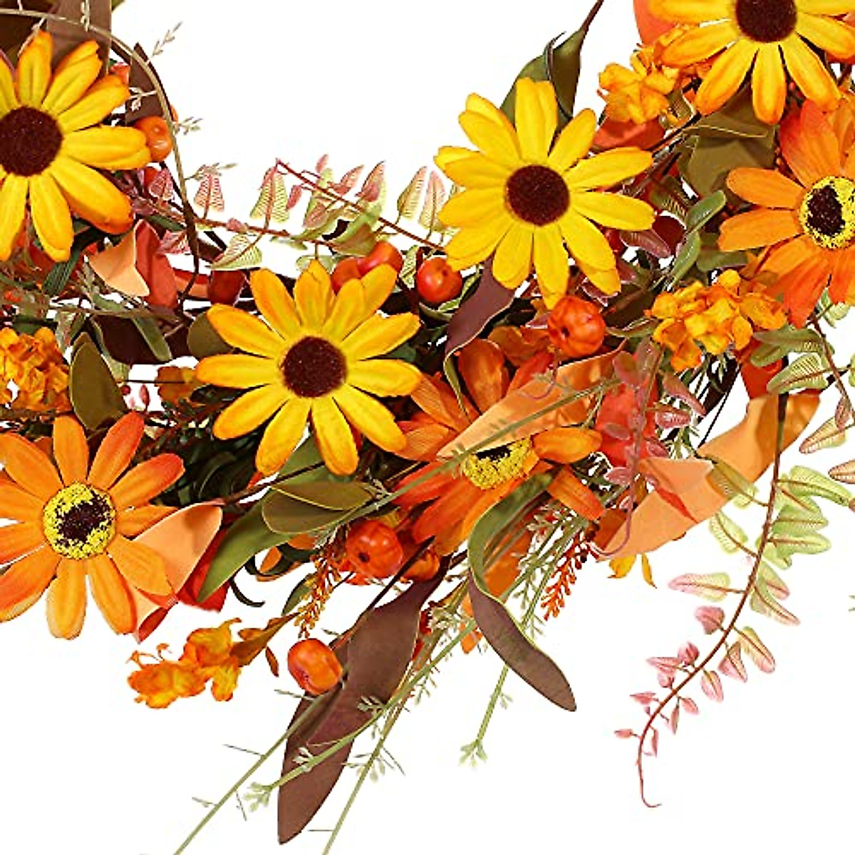 Fall Front Door Wreath,20” Artificial Floral Wreath with Orange Daisies and Foliage,Autumn Wreath with Small Pumpkin and Berry for Home Wall Window and Thanksgiving Decor-Beautiful Gift Box Included