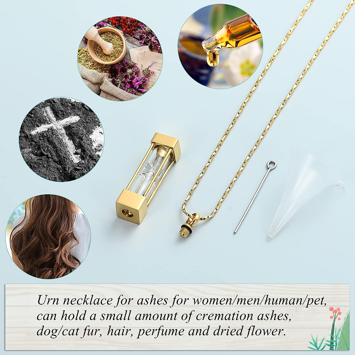 Imrsanl Glass Hourglass Cremation Jewelry Container Vial Urn Necklace Pendant Stainless Steel Cylinder Bottle Memorial Cremation Keepsake Jewelry for Women/Men (Gold)