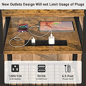 Cyclysio Nightstand Set of 2 with Charging Station, End Table Side Table with USB Ports and Outlets, Flip Top Night Stands with Shelves, Slim Bedside Sofa Table for Living Room, Bedroom, Rustic Brown