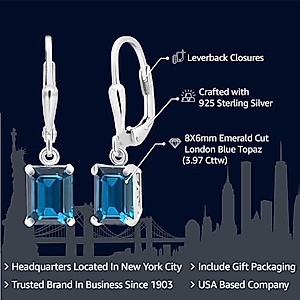 Gem Stone King 925 Sterling Silver 8X6MM Emerald Cut Gemstone Birthstone Leverback Drop Dangle Earrings For Women