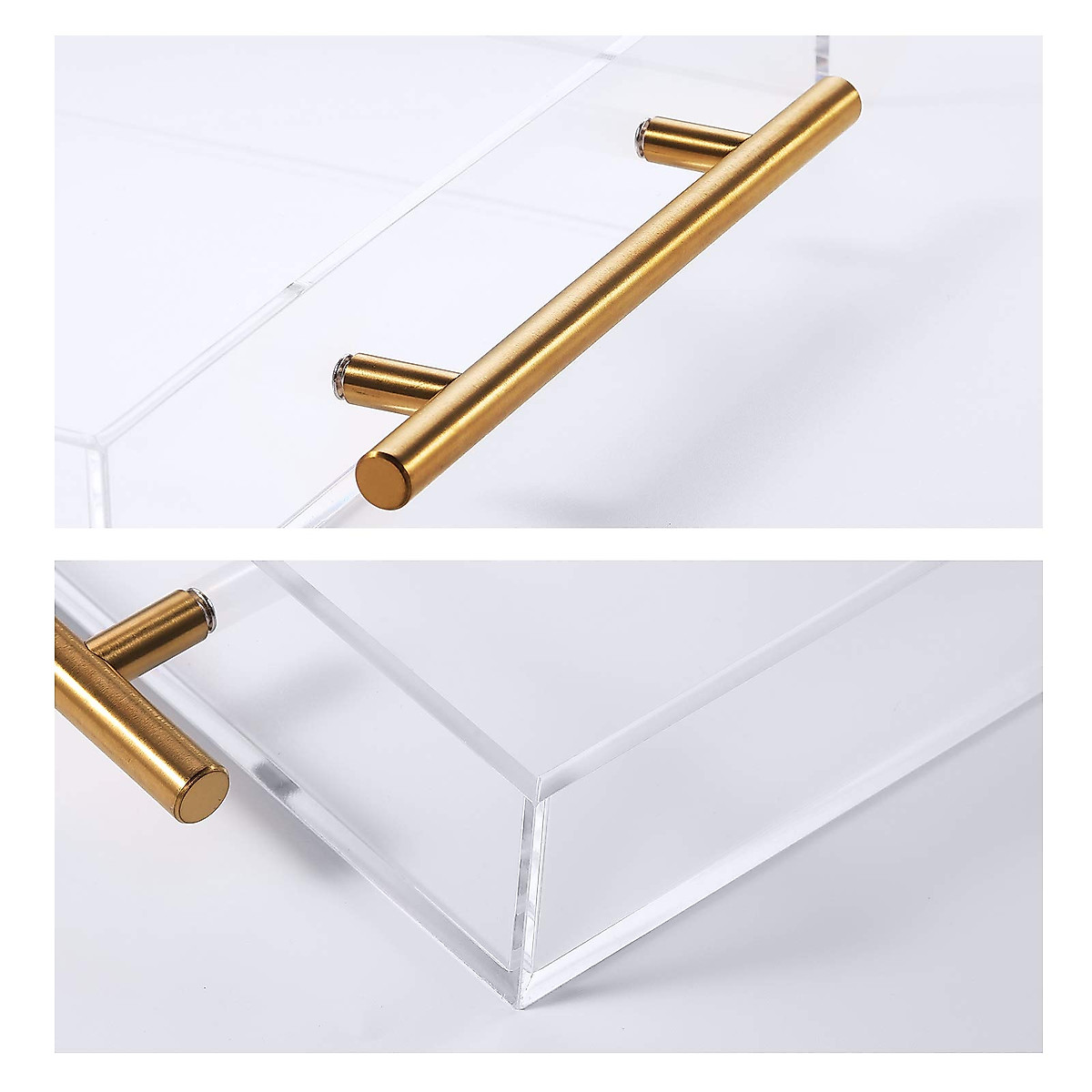 BEYLANG Acrylic Serving Trays Breakfast Decorative Trays for Ottoman Coffee Table (12x12 Inch with Golden Handles, Clear)