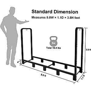 Artibear 8ft Outdoor Firewood Rack, Upgraded Heavy Duty Logs Stand Stacker Holder for Fireplace - Metal Lumber Storage Carrier Organizer, Bright Black