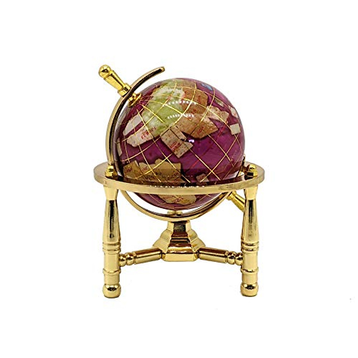Unique Art 6-Inch Tall Pink Rubilite Pearl Swirl Ocean Mini Table Top Gemstone World Globe with Gold Tripod