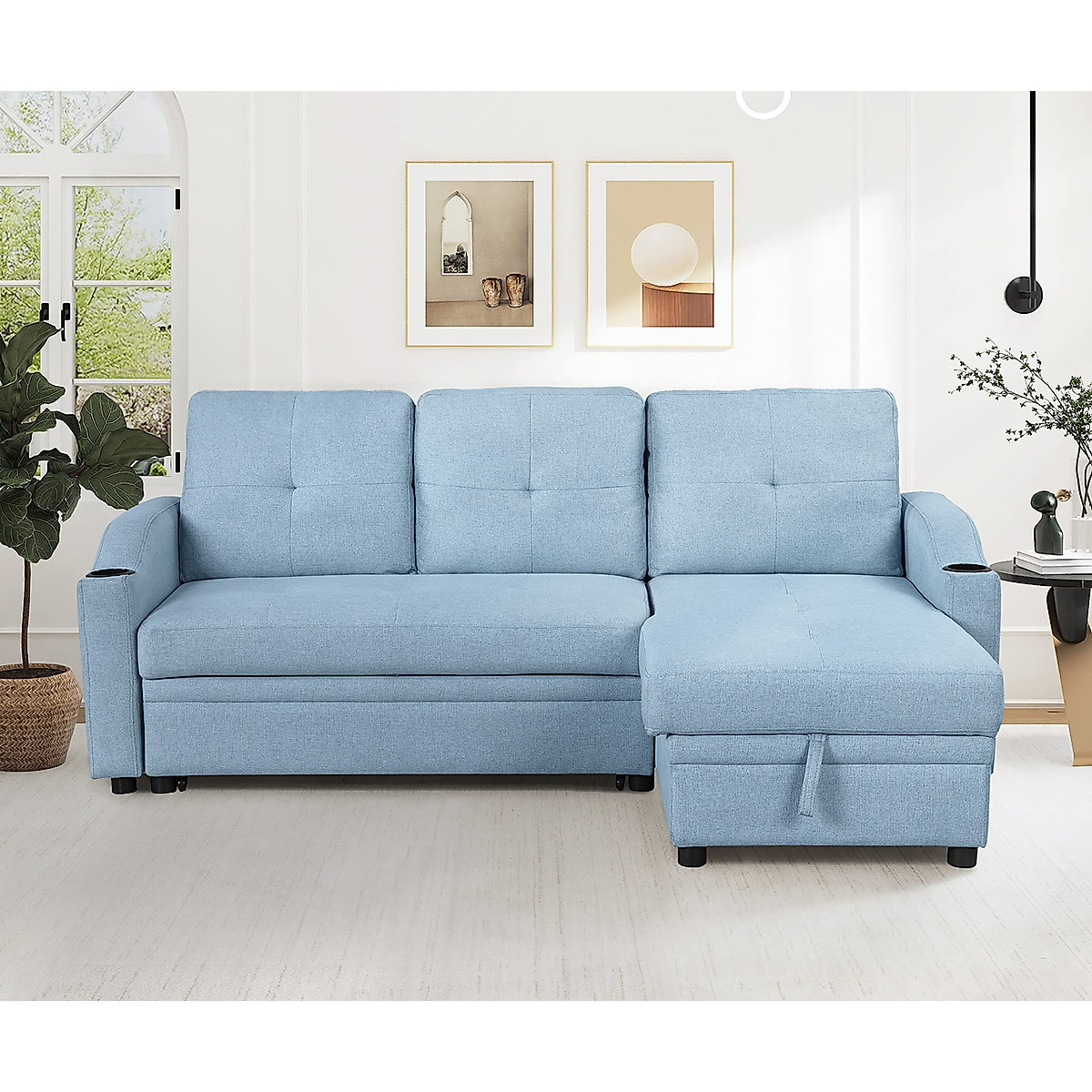 Reversible Pull-Out Sleeper Sectional Sofa Bed,Convertiable Padded Upholstery L-Shaped Corner Sofá Modular Futon Lounge Recliner Couch with Storage Chaise for Living Room Compact Space Furniture Set