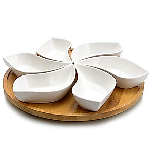 Elama Signature 7 Piece Modern Lazy Susan Appetizer and Condiment Server Set with 6 Unique Design Serving Dishes and a Bamboo Lazy Suzan Serving Tray, 13.5" L