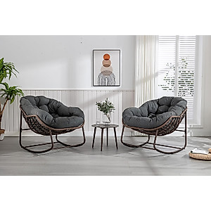 kikuwa Patio Rocking Chair, Indoor & Outdoor Backyard Oversized Rattan Egg Papasan Chairs, Comfy Upholstered Chairs, with Padded Cushion for Front Porch, Garden,Garden, Backyard (Grey)