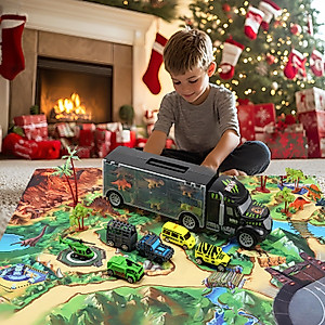 34 in 1 Dinosaurs Truck, Dino Transport Car Carrier Truck Toy with 12 Mini Dinosaur Figures and 4 Cars, Dino Park Toy Chritsmas Gift for 3+ Year Old Boys and Toddlers