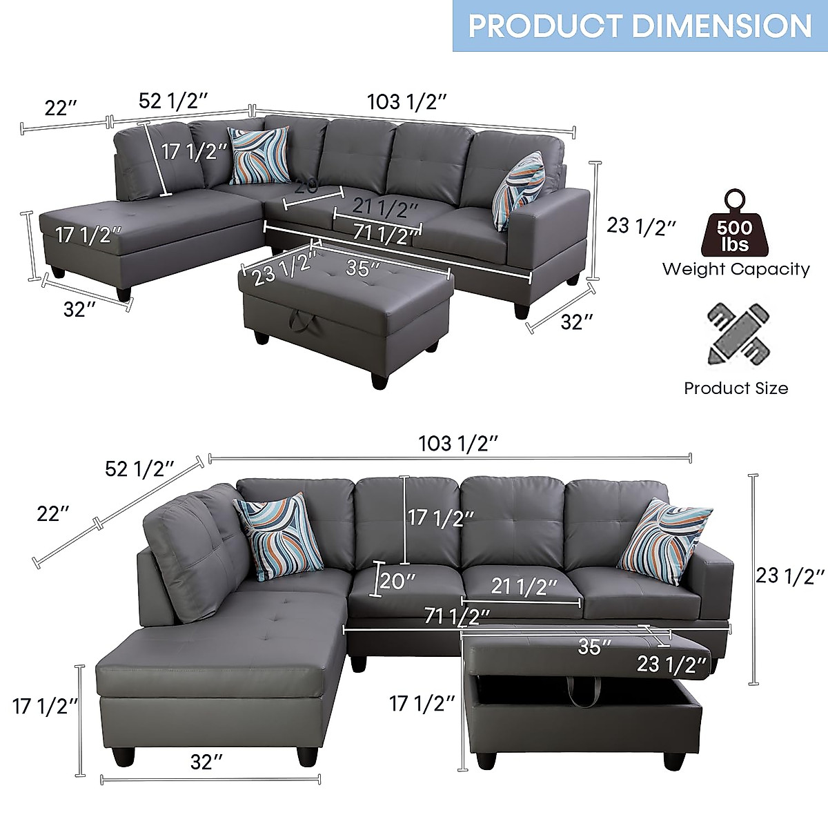 Caberryne Sectional Couch for Living Room Furniture Set Dack Grey,Sectional Sofa Set L Shape Sofa and Chaise with Storage Ottoman for Living Room/Apartment（Dack Grey,Facing Left Chaise）