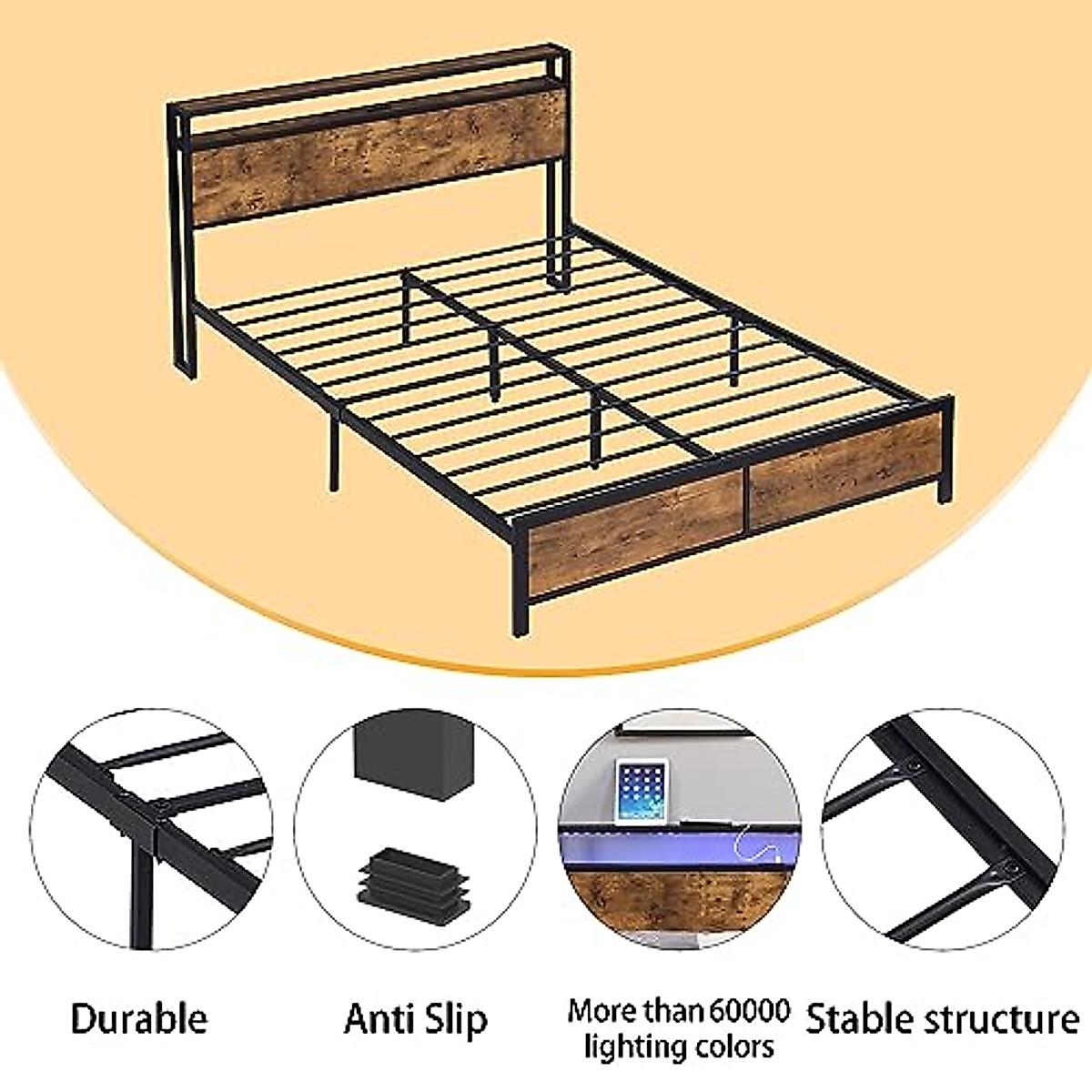 HoldoLife Queen Size Bed Frame with LED Lights and 2 USB Ports, Industrial Platform Bed with Storage Headboard, Non-Slip Noise Free Bed Frame, Rustic Brown, Easy Assembly (Queen)