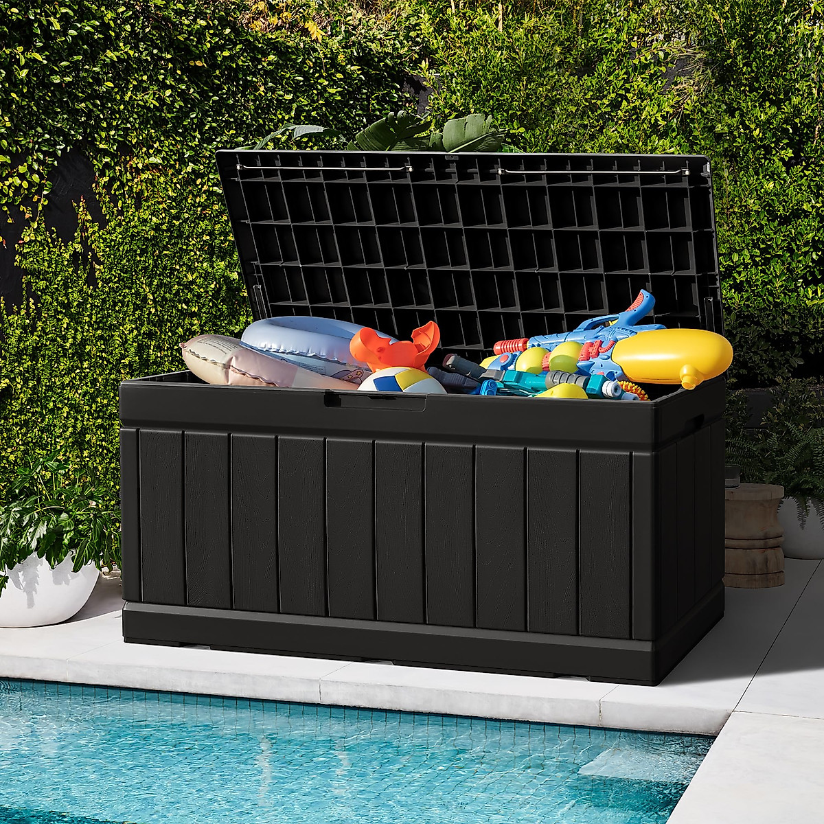 Greesum 82 Gallon Resin Deck Box Large Outdoor Storage for Patio Furniture, Garden Tools, Pool Supplies, Weatherproof and UV Resistant, Lockable, Black