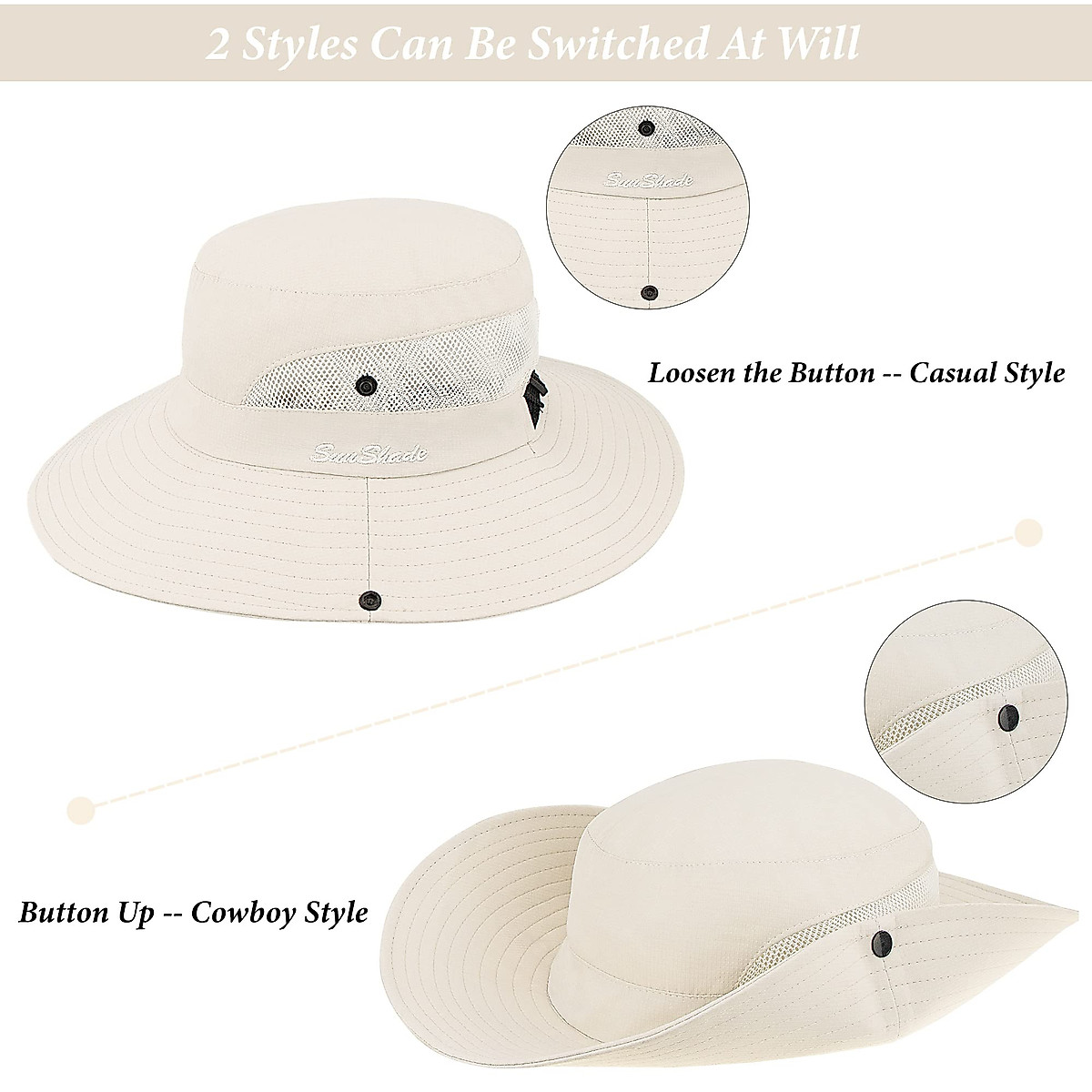 Sun Hat for Women Summer UV Protection Beach Hat Wide Brim Mesh Bucket Fishing Hat with Ponytail Hole Foldable Packable Hat Beige