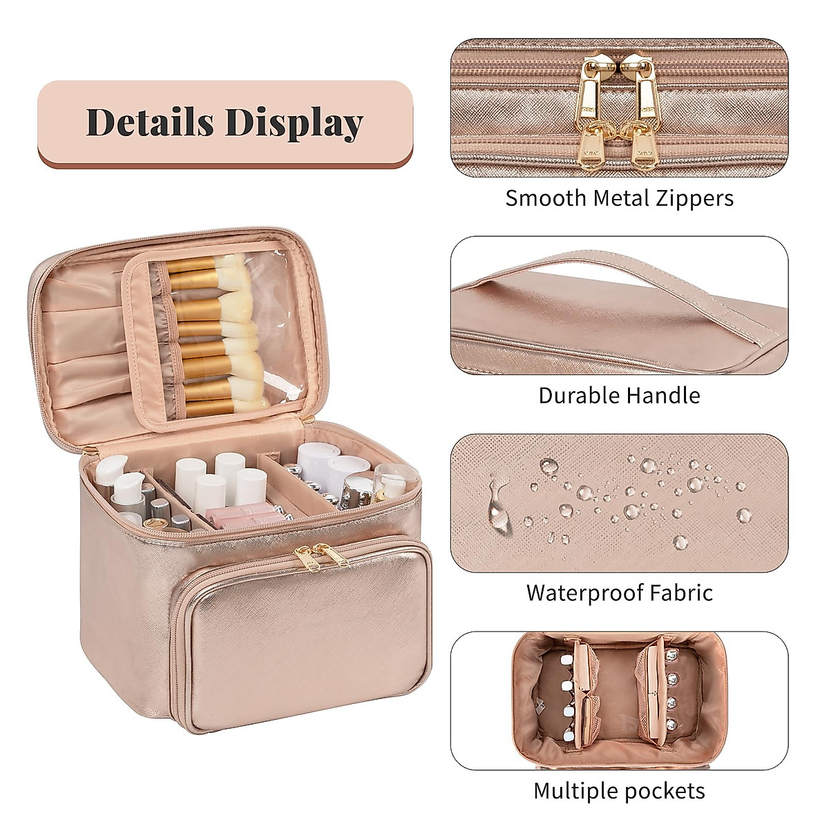Makeup Bag Organizer,Travel Makeup Bags for Women,Cosmetic Case Organizer Fits Bottles Vertically, Toiletry Bag with Adjustable Dividers and Lipstick Organizer Holder - Rose Gold