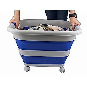SAMMART 39L (10.3 Gallons) Collapsible Plastic Laundry Basket with Wheels-Foldable Pop Up Storage Container (1, Grey/Purplish Blue)