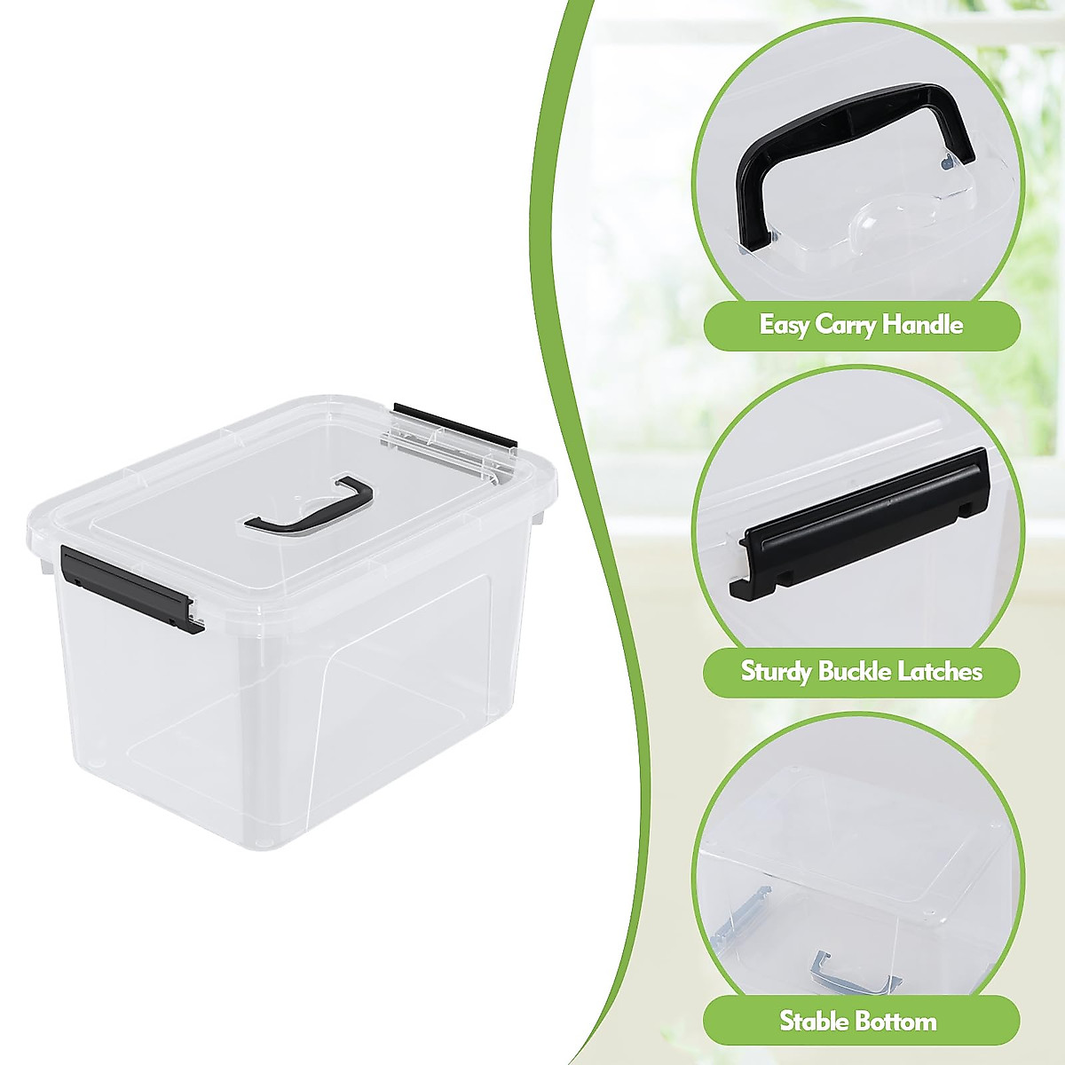 Wekioger 4 Pack 10 L Plastic Storage Box, Clear Latching Bin with Handle