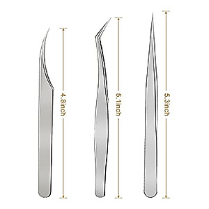 ACTROL Eyelash Extension Tweezers Set 3 PCS for Volume lashes Stainless Steel professional Precision Tweezers Straight and Curved Tip Tweezers (3pcs-1, Silver)