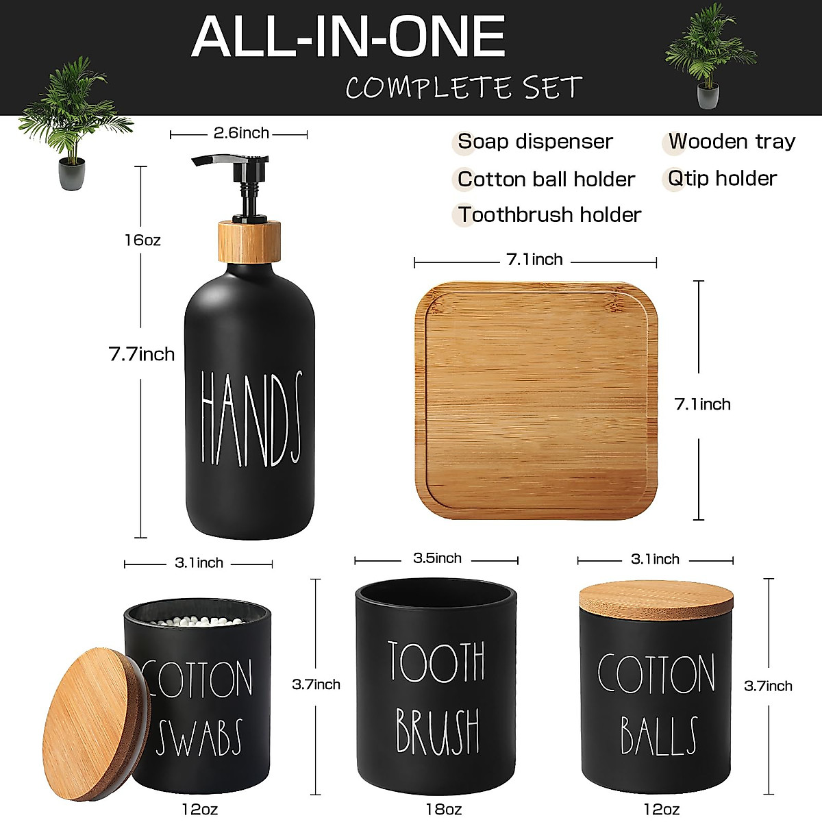 ALPIRIRAL Matte Black Bathroom Accessories Set, 5 Pcs Glass Bathroom Accessory Set with Bamboo Tray, Soap Dispenser and Toothbrush Holder Set, Qtip Holder Set, Farmhouse Boho Bathroom Set Complete