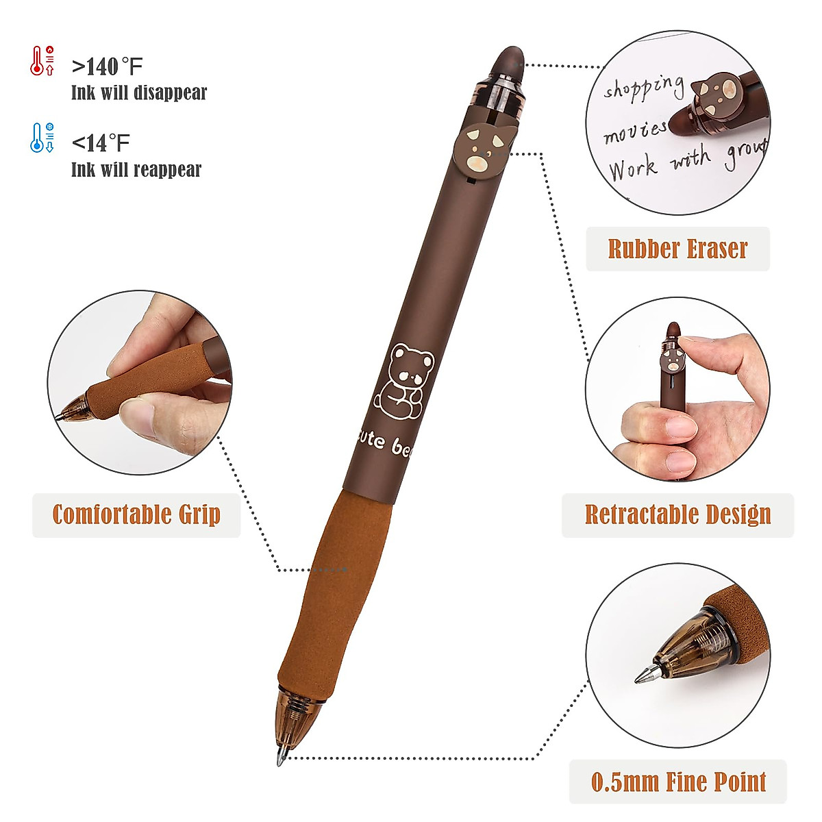 BAYTORY 8Pcs Cute Retractable Erasable Gel Pens, Blue and Black Ink Pen with Eraser Clear, Smooth Writing Comfortable to Use for Note Taking Marking Planner Crossword Puzzles (Coffee)