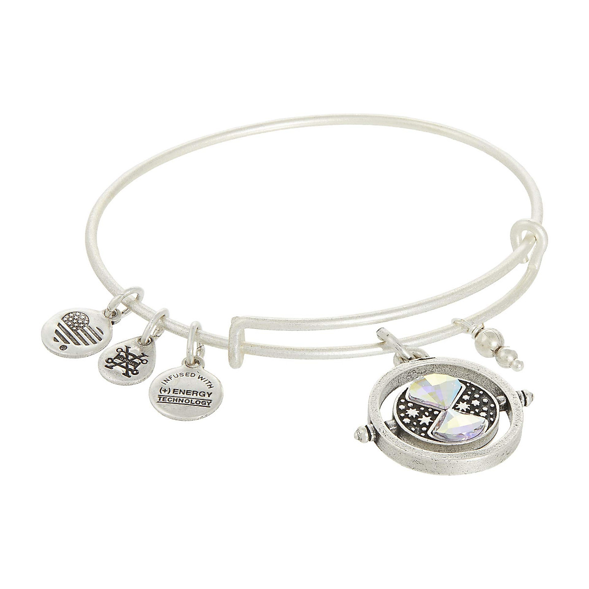 Alex and Ani Harry Potter Time Turner Expandable Charm Bangle Bracelet, Rafaelian Silver Finish, Adorned with Clear Crystals, 2 to 3.5 in