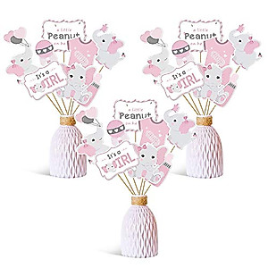 Faisichocalato Pink Elephant Centerpiece Sticks DIY Baby Girl It's A Girl Table Decorations Pink Little Peanut Cutouts for Pink Elephant Theme Baby Shower Birthday Party Supplies Set of 24