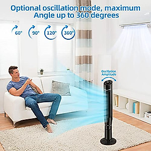 R.W.FLAME Tower Fan, 360° oscillating standing fan Room Fan Portable Bladeless Quiet Floor Fan with Remote, 8 Speeds, 3 Modes, 24H Timer for Bedroom and Home Office Use(47-inch, BLACK)