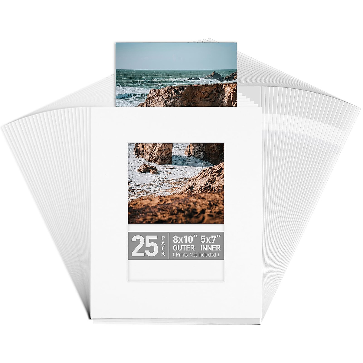 Golden State Art, Pack of 25 White Slip-in Photo Mat with Backing Board Pre-Adhesived, Includes 25 Clear Storage Bags, Cardboard Mounting Frame (8x10 for 5x7 Photos)