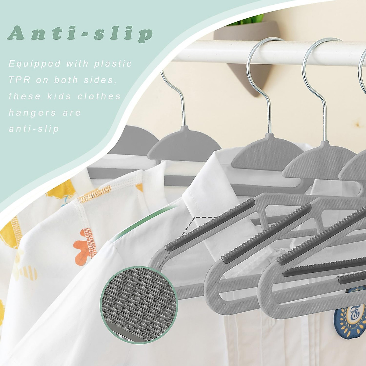 BAGAIL Kids Plastic Hangers S-Slide 50 Pack 12.6" Non-Slip Hangers 360° Swivel Hook Protect Collar Space Saving for Children Infant/Toddler Pants Coat-Light Grey