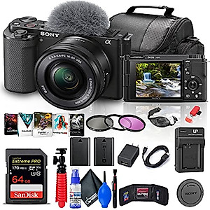 Sony ZV-E10 Mirrorless Camera with 16-50mm Lens (Black) (ILCZV-E10L/B) + 64GB Memory Card + Filter Kit + Corel Photo Software + Bag + NPF-W50 Battery + External Charger + Card Reader + More (Renewed)