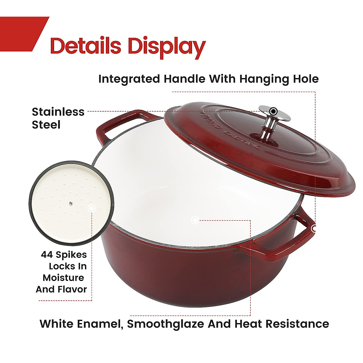 EDGING CASTING Enameled Cast Iron Dutch Oven Pot With Lid, Dutch Oven for Sourdough Bread Baking Round Pot Dule Handle, 6 Quart, Wine Red