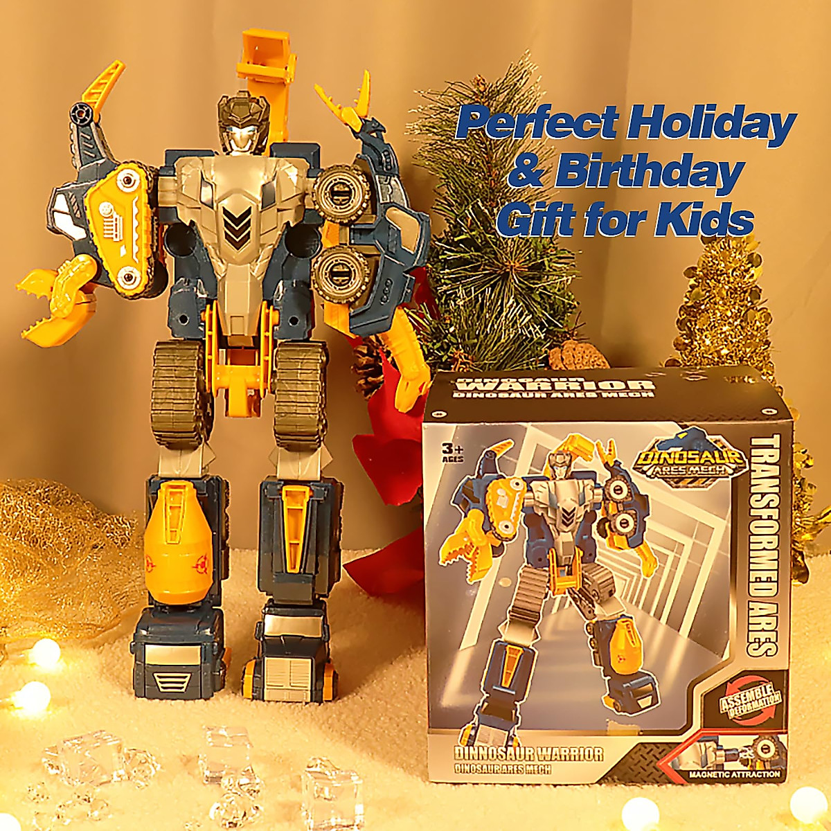 Toddler Construction Car Transform Set, 5pcs Dinosaur Rescue Robot with Magnetic Connectors, Assemble Building Trucks DIY STEM Toy, Holiday Birthday Present for Kids Boy Girl 3 4 5 6 7 Year