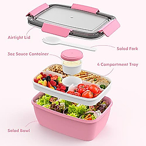 Cherrysea 2Pack Salad Lunch Container, 68oz Salad Bowls with 4 Compartments Tray,Leak Proof Lunch Box with Fork for Men,Women BPA-Free Snack Container with Sauce Container for Dressings-Pink