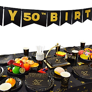 Gatherfun 50th Birthday Napkin Disposable Paper Napkins Black and Gold Party Decorations Tableware for Men Woman 50 Birthday Party（6.5X6.5in, 3-Ply, 50-Pack)