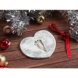 Lil Peach Baby’s Print Clay Heart Christmas Ornament, Holiday Newborn Handprint or Footprint Making Kit, Baby's First Christmas Tree Ornament Keepsake, Silver Glitter Heart